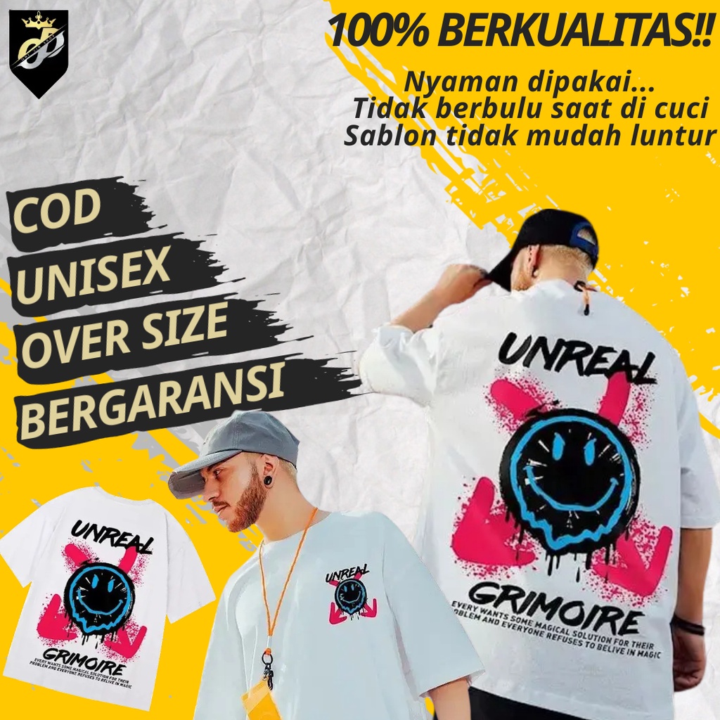 Kaos Baju T-hirts Tulisan Unreal Grimoire Motif Gambar Smile Semail ...