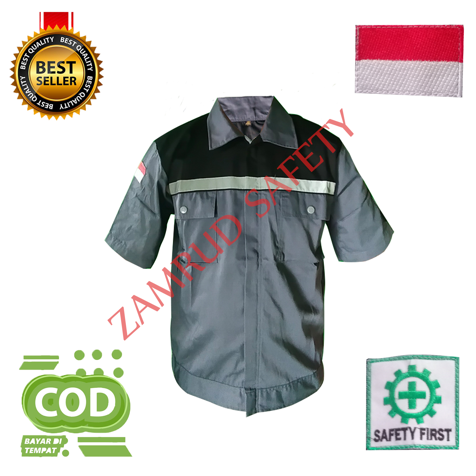 Wearpack Safety Atasan Lengan Pendek Kemeja Kerja Safety Lapangan Warna Abu Tua Kombinasi Hitam ...