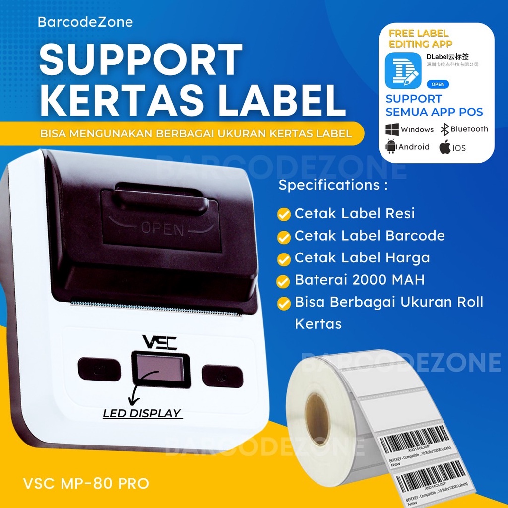 PRINTER LABEL THERMAL VSC MP-80L PRO LABEL HARGA RESI ALAMAT- PORTABLE BATERAI | Lazada Indonesia