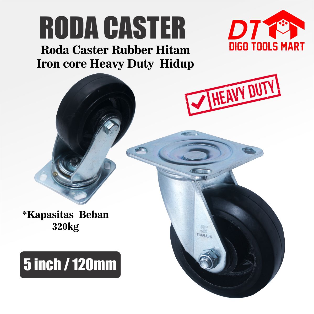 Roda Caster Rubber Hitam 5inci Iron Core Heavy Duty Hidup 5inch ...