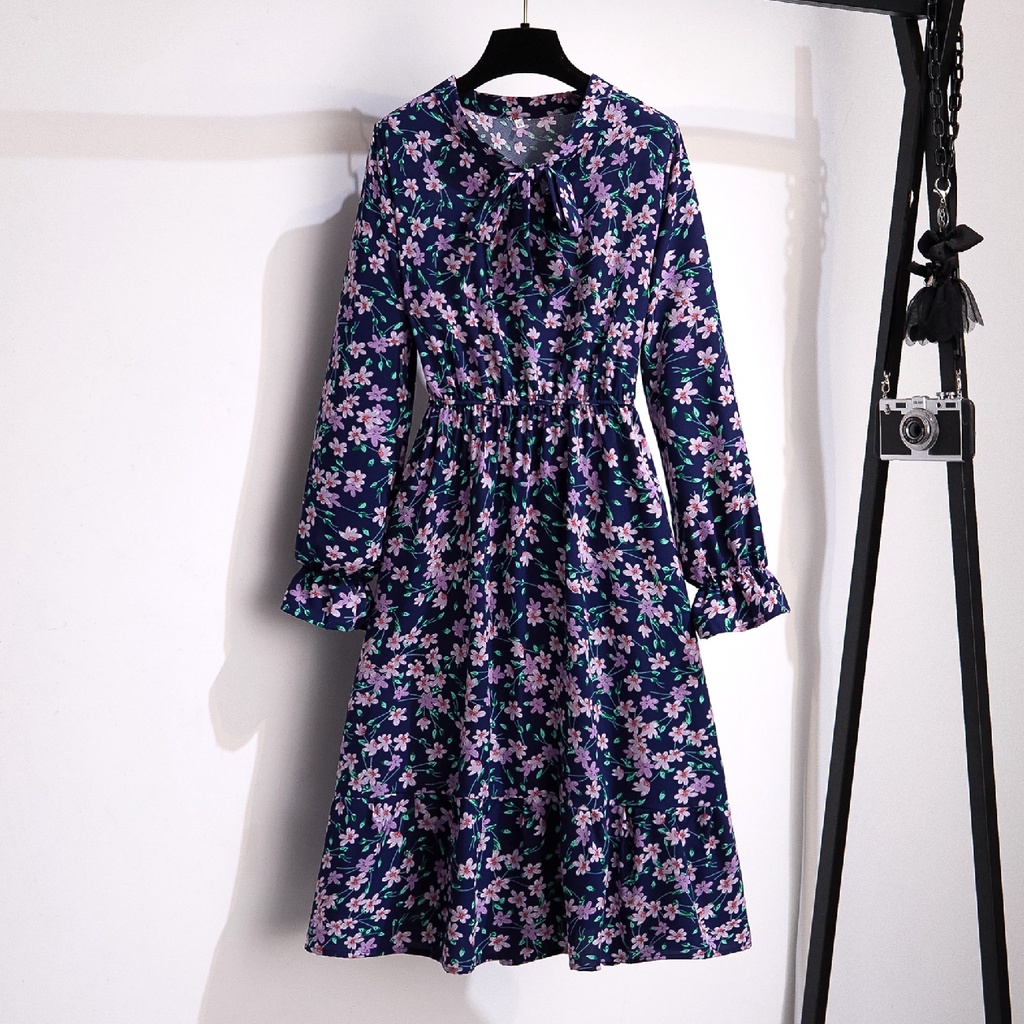 New Fashion Floral A-line Long Sleeves Midi Dress Sifon Motif Bunga ...