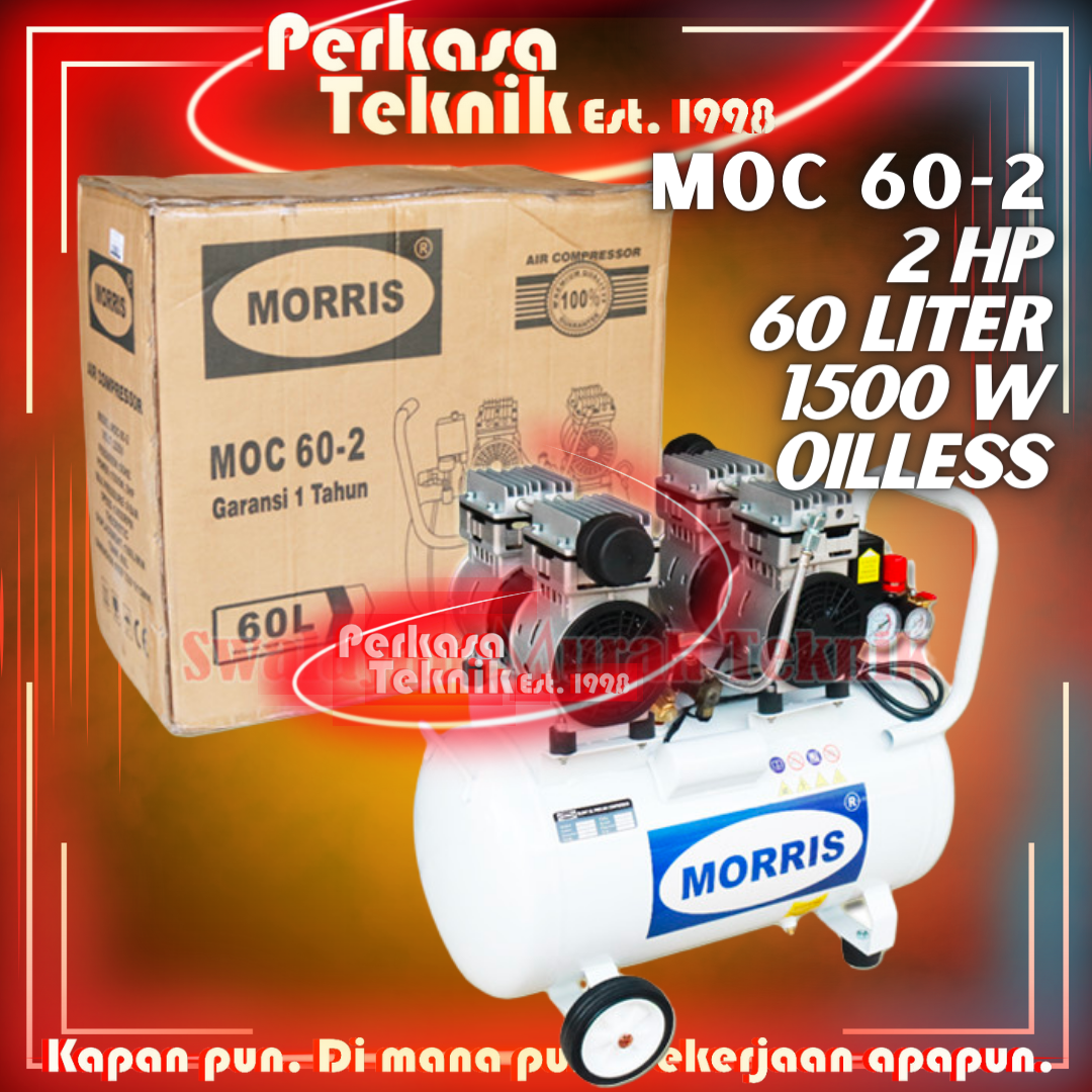 MORRIS MOC 60-2 Kompresor Angin Oilless Silent 60L 2 HP Air Compressor ...