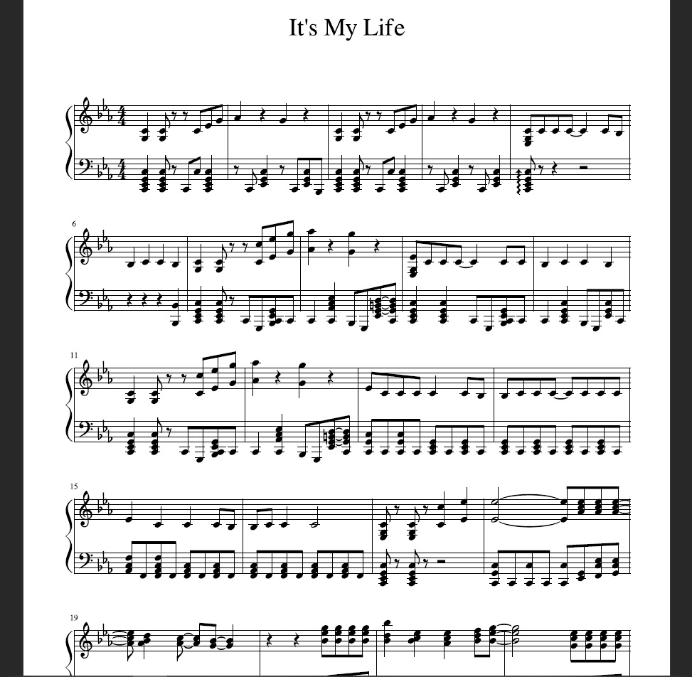 Kertas Partitur musik Piano Penyanyi Bon Jovi Judul It's My Life dengan ...