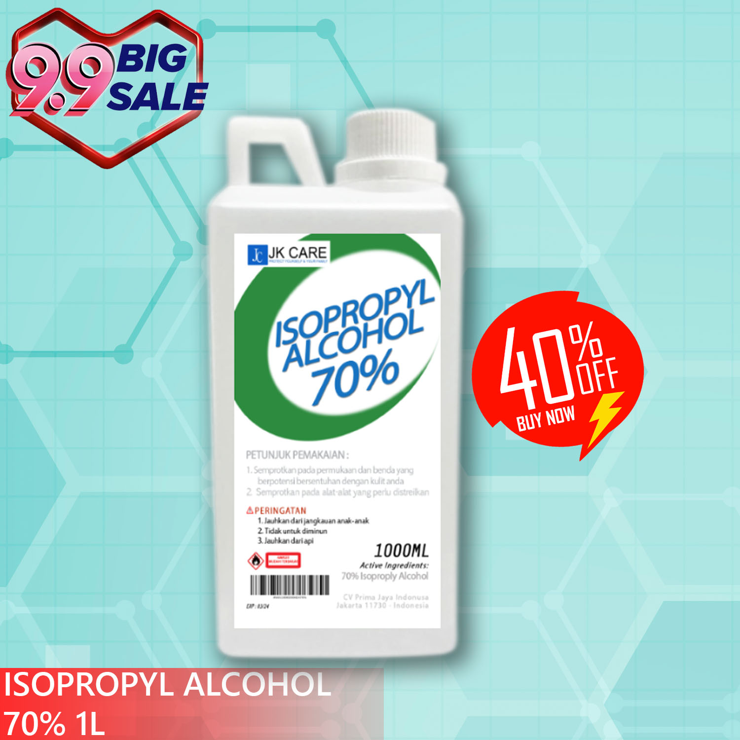 JK CARE Isopropyl Alcohol 70% Alkohol Murni IPA - 1000ml / Isopropil alkohol 70 persen 1 liter ...
