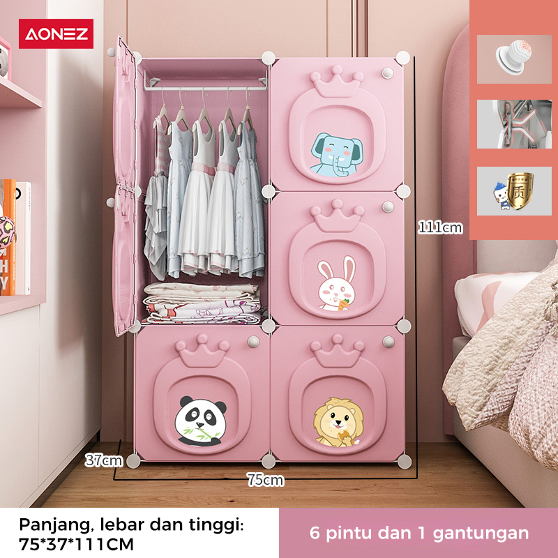 AONEZ Lemari Pakaian Rakit Plastik Anak 6 Pintu Lemari Portable Rak ...