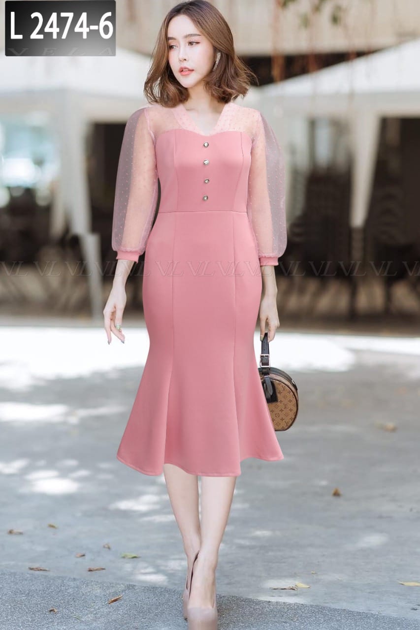 GRACESHOP83 Dress Mermaid Gaun Duyung Kombinasi Tile Lengan Panjang ...