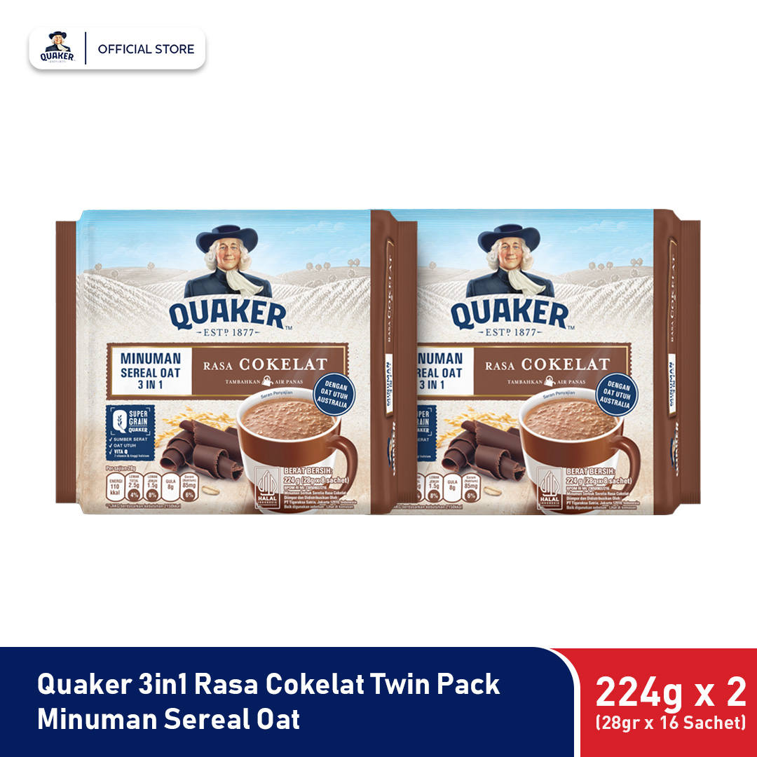 Quaker 3in1 Chocolate Polybag 224g Twin pack Minuman Sereal Oats (Isi 8 ...