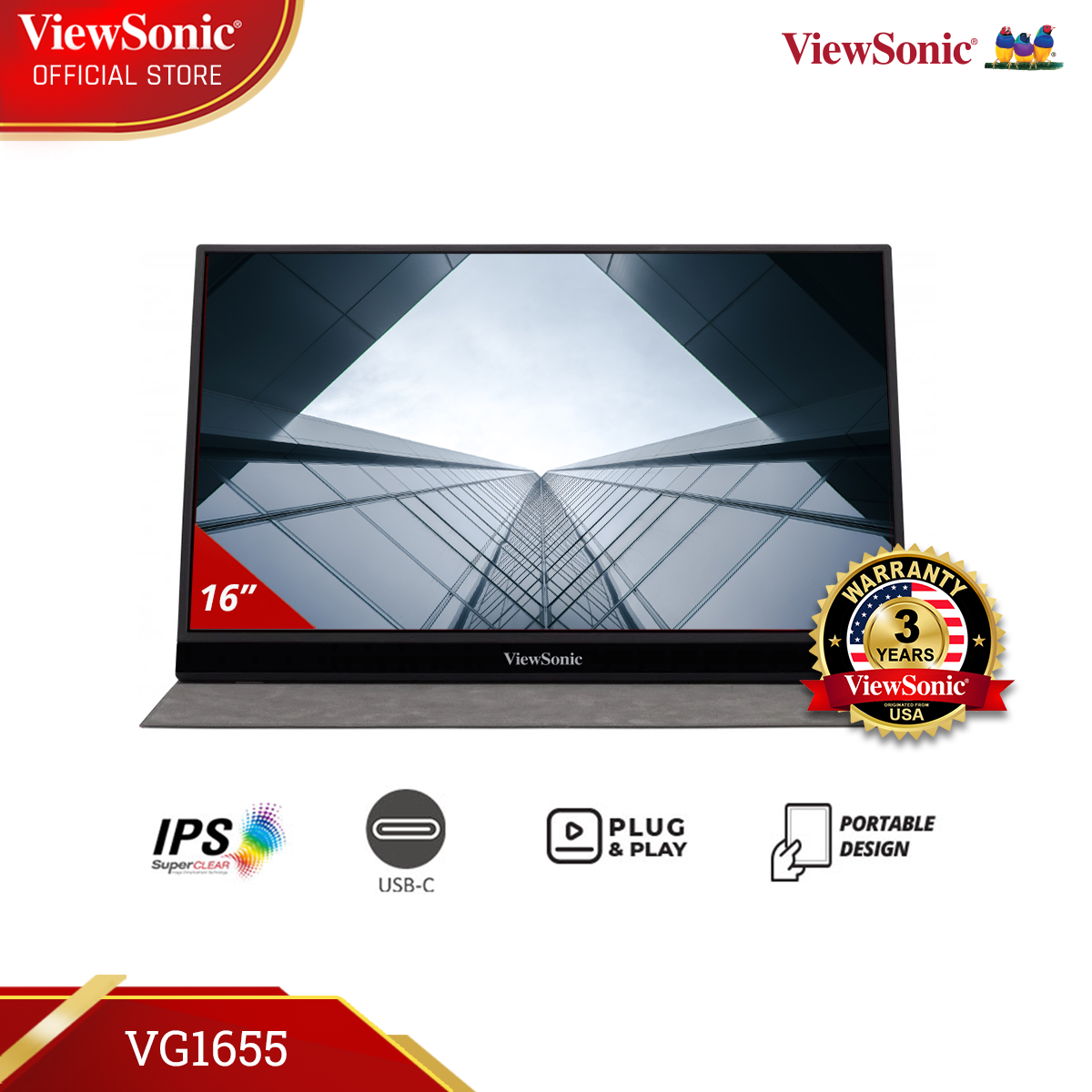 ViewSonic VG1655 - 15.6" Portable Monitor | 1080p | USB-C | Mini HDMI ...
