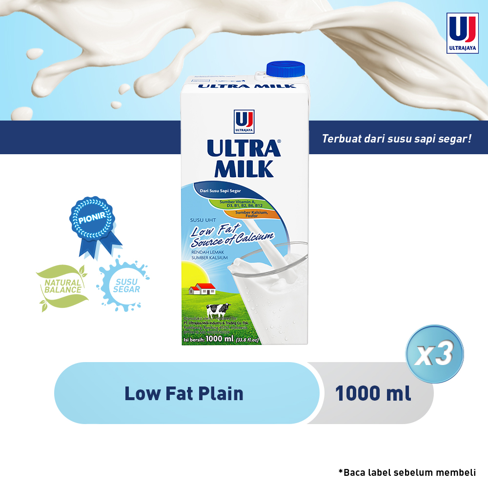 [Paket isi 3 pcs] Ultra Milk Susu UHT Low Fat 1L - Plain | Lazada Indonesia