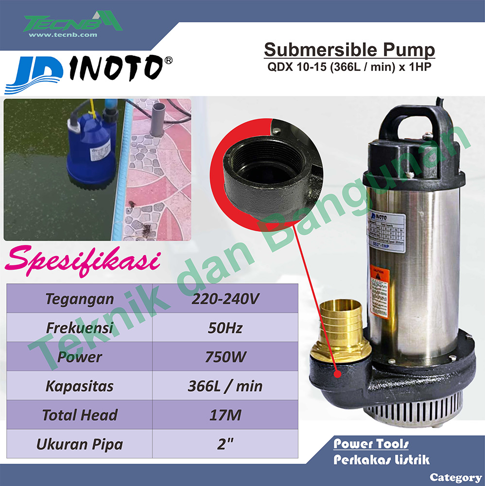 INOTO Pompa Celup / Submersible Pump QDX 10-15 (366L / min) x 1HP ...