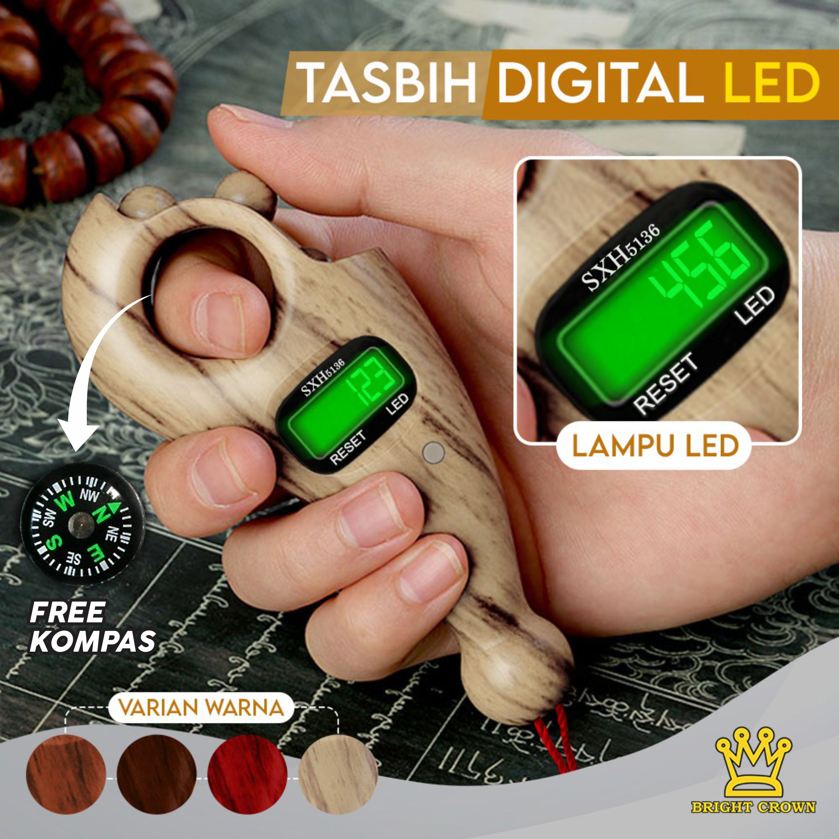 Bright Crown LED Muslim Tasbih Digital Kayu Manik Alat Hitung LED ...