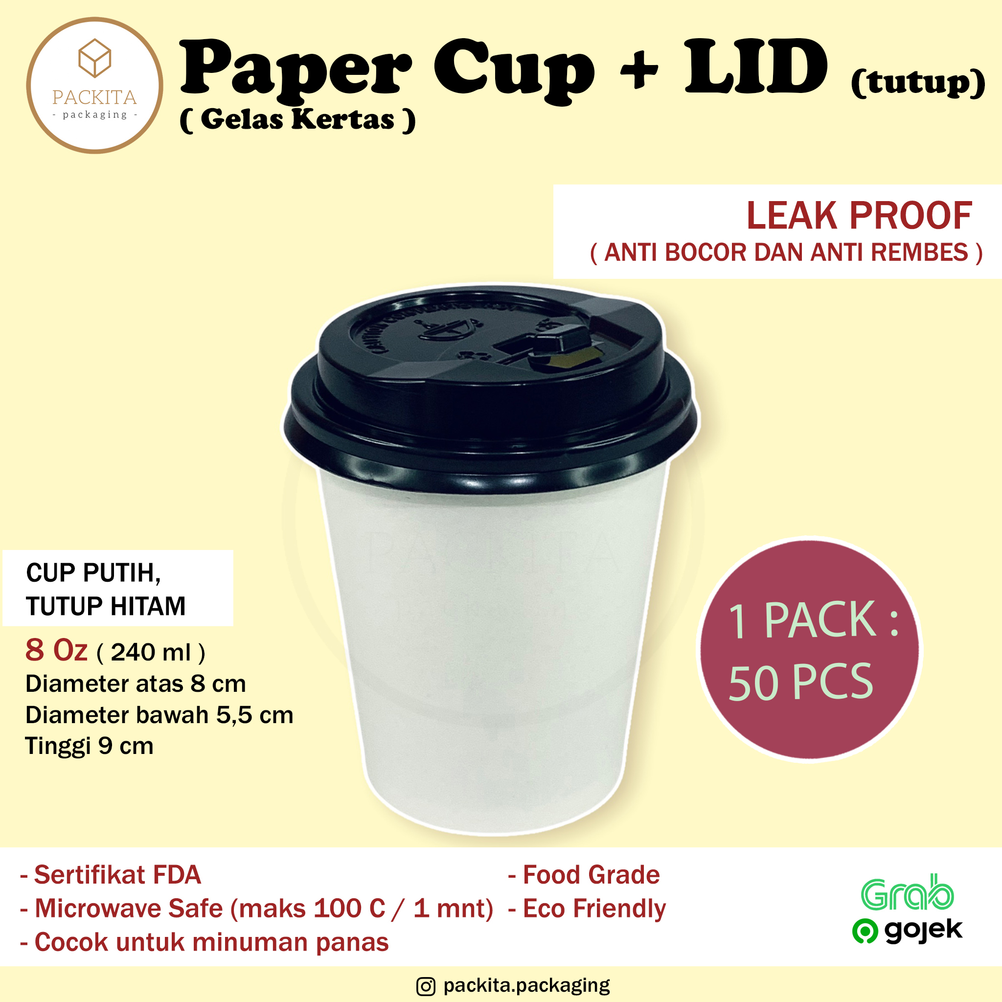 Paper hot cup / Gelas Kertas Tahan Panas Polos 8 Oz 240ml + LID/TUTUP ...