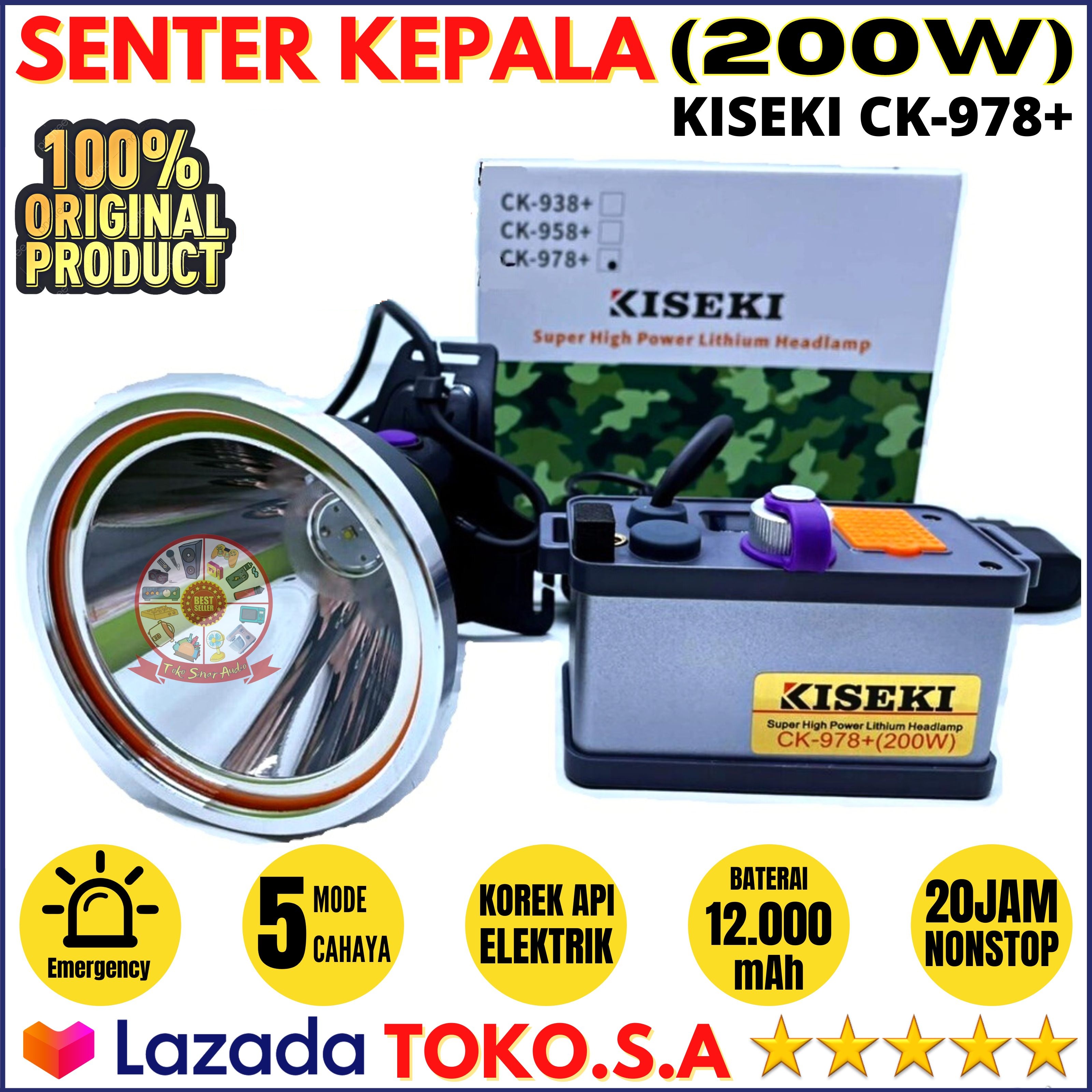 Senter Kepala Berkualitas Terjamin Kiseki CK 978+ Super Terang 200 Watt Cahaya Putih Tahan ...