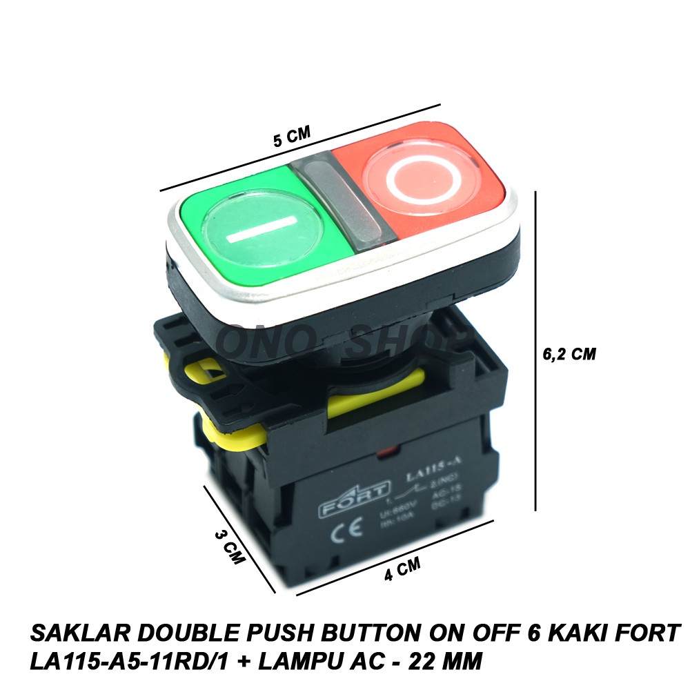 Saklar Double Push Button On Off 6 kaki Fort LA115-A5-11RD/1 +Lampu AC ...