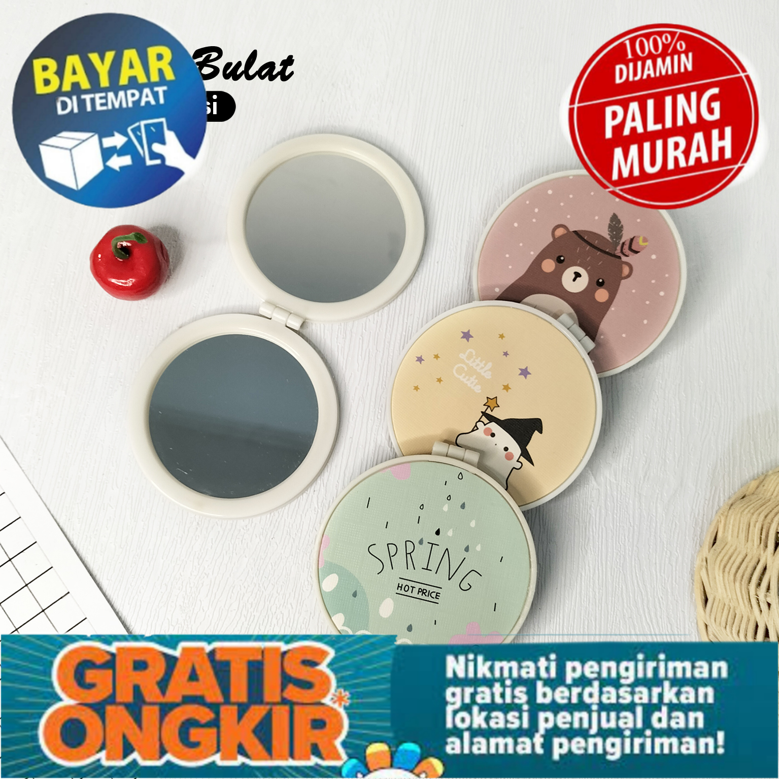 GRATIS ONGKIR Cermin bulat kecil kaca dua sisi pocket size mirror kaca ...