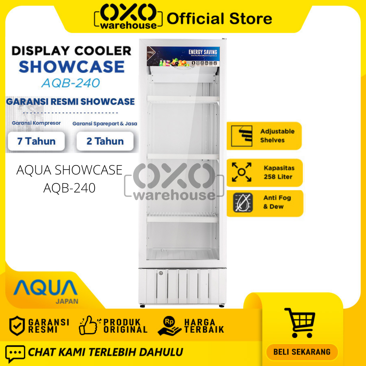 AQUA KULKAS SHOWCASE 4 RAK 230 LITER AQB-240 ANTI EMBUN DISTRIBUTOR BERGARANSI RESMI MURAH ...