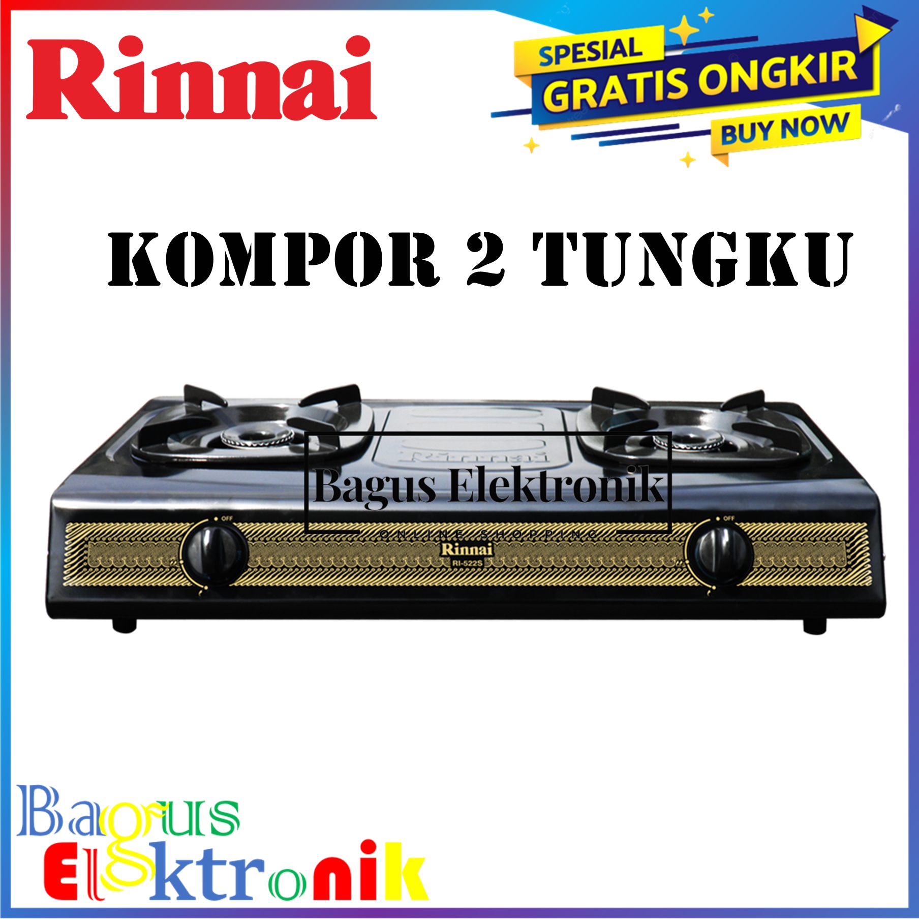 Rinnai RI 522 S Kompor Gas Stove Teflon 2 Tungku Bonus Selang Gas 1.8 ...
