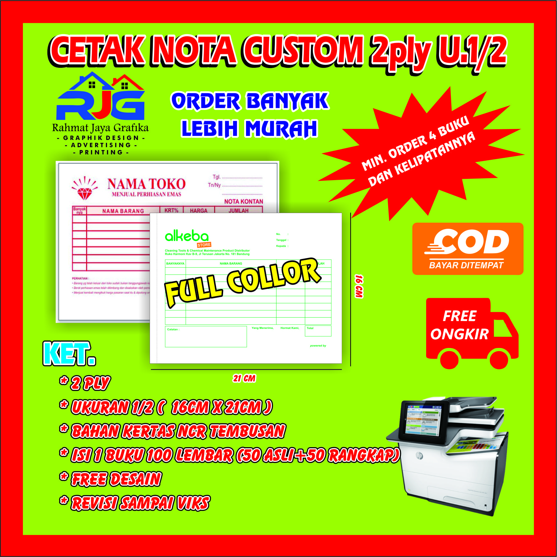Cetak Nota Custom, Ukuran 1/2 Folio 2Ply, Cetak Nota, Cetak Nota Nama ...