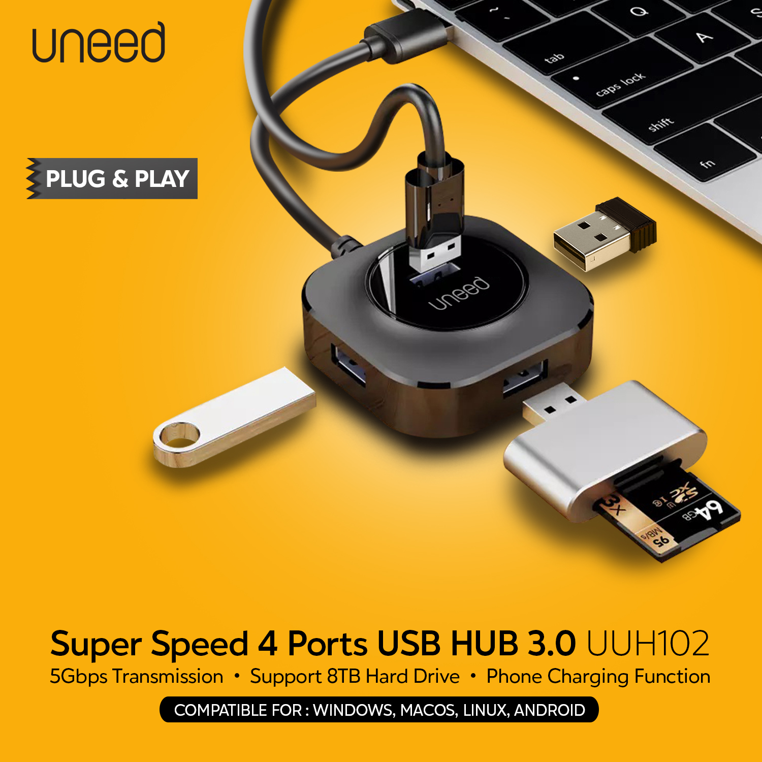 UNEED USB HUB 3.0 High Speed 4 Port Support 8TB Hard Drive - UUH102 ...