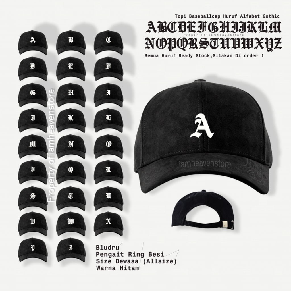 Topi Basebalcap Huruf Teks Alphabet Motif Gothic A B C D E F G H I J K ...