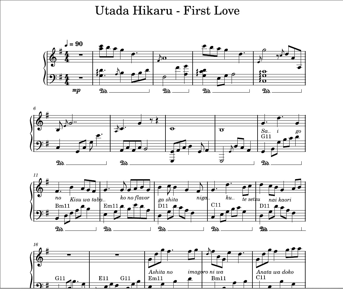 Kertas Latihan Partitur musik atau Not Balok Judul First Love penyanyi ...