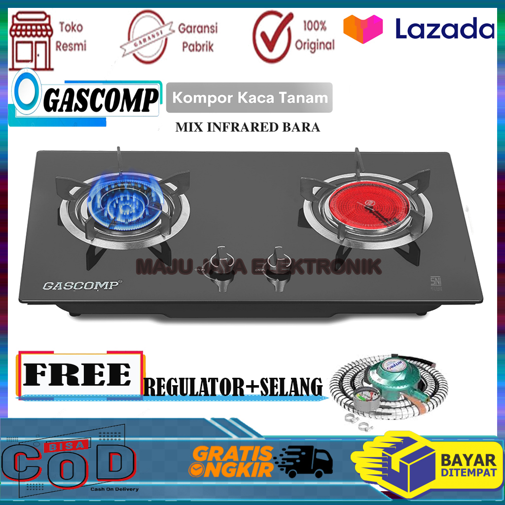 Kompor Tanam Gascomp 232N Kompor kaca 2 tungku mix api gas dan bara ...