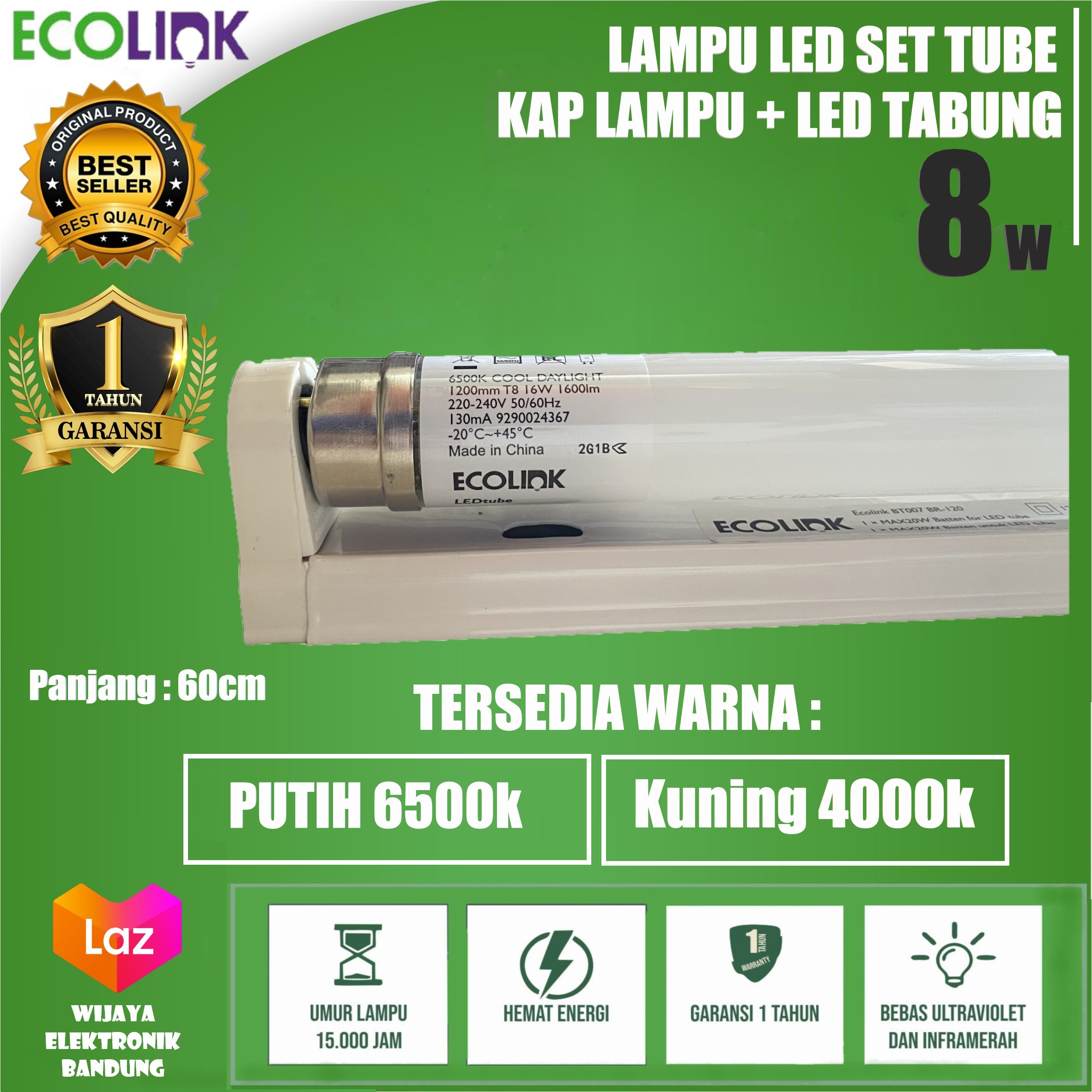LAMPU LED SET TUBE ECOLINK Tube Tabung Neon + Kap Rumah T8 TL 1 x 8w w ...