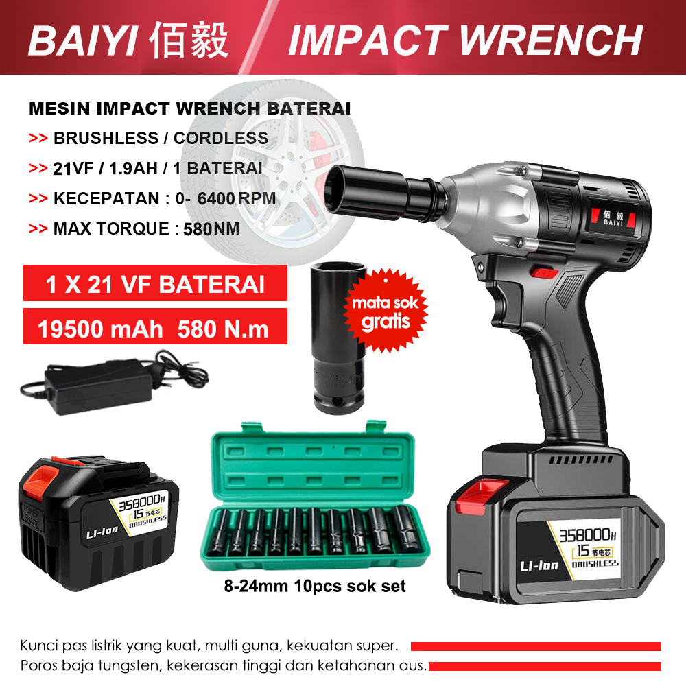 COD!!! Bor impek pembuka baut motor Cordless Impact Wrench high torsi ...