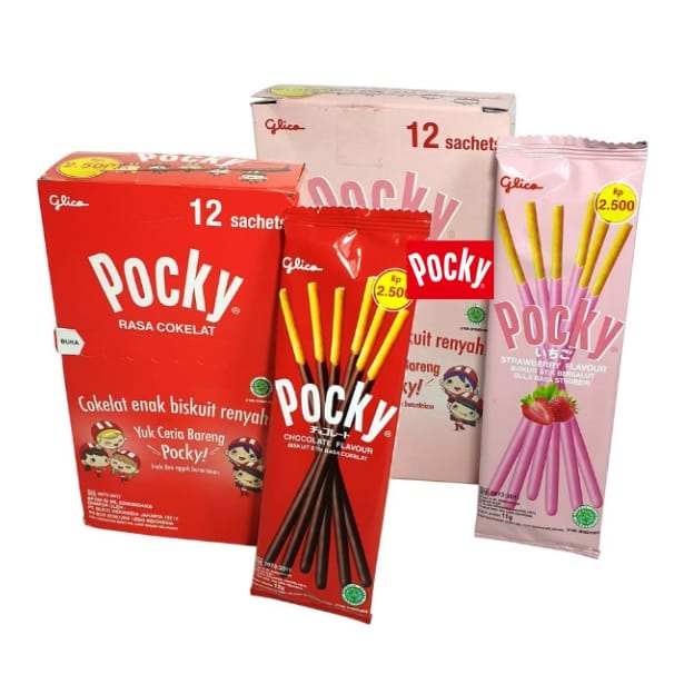Biskuit stik Pocky sachet rasa cokelat dan strawberry ( 1 box isi 12 ...