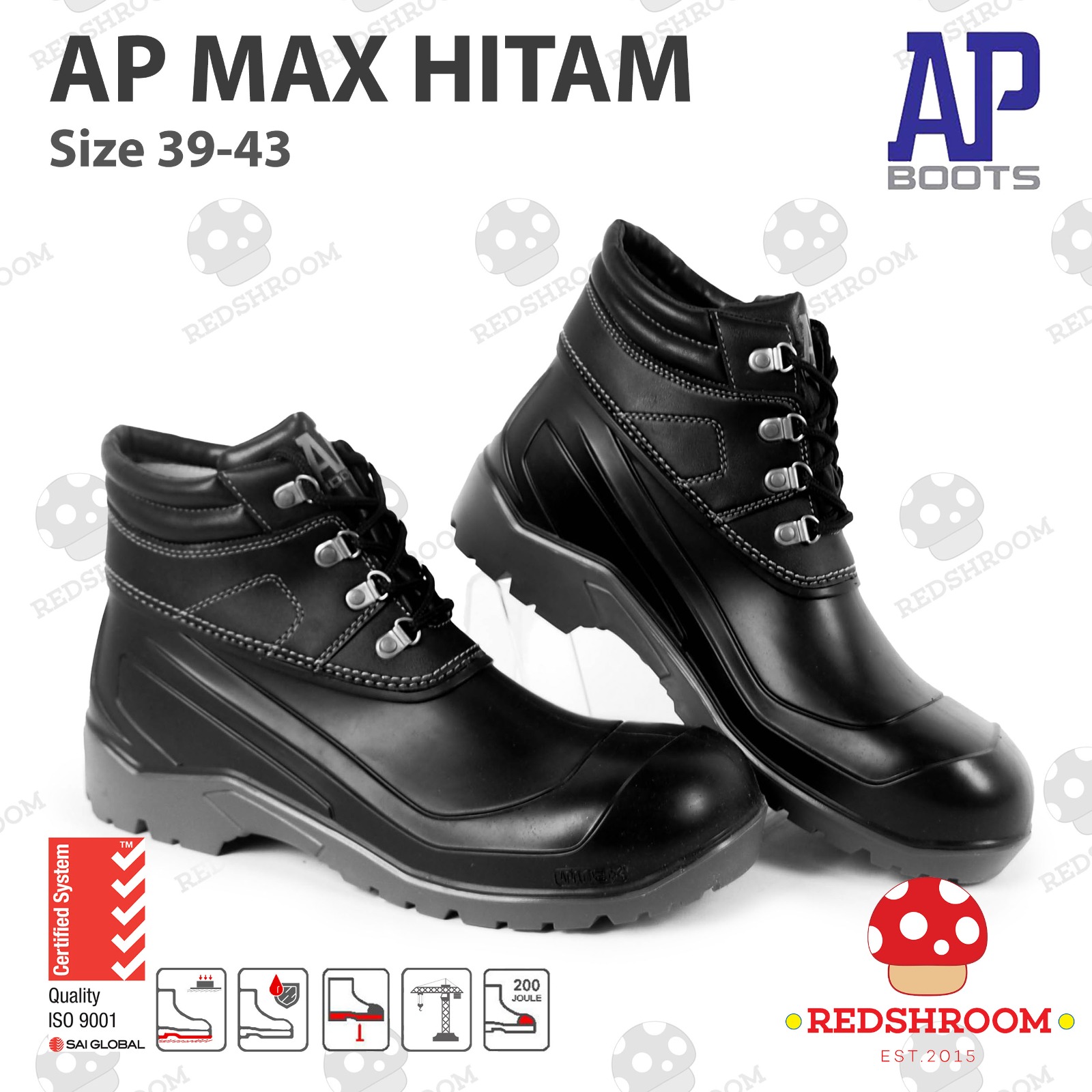 Sepatu Boot Safety AP MAX AP Boots Hitam Toe Cap Besi Anti Air & Slip ...
