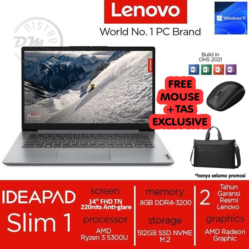 Laptop Lenovo Ideapad Slim 1 Ryzen 3 5300U 512GB SSD 8GB W11+OHS | Lazada Indonesia