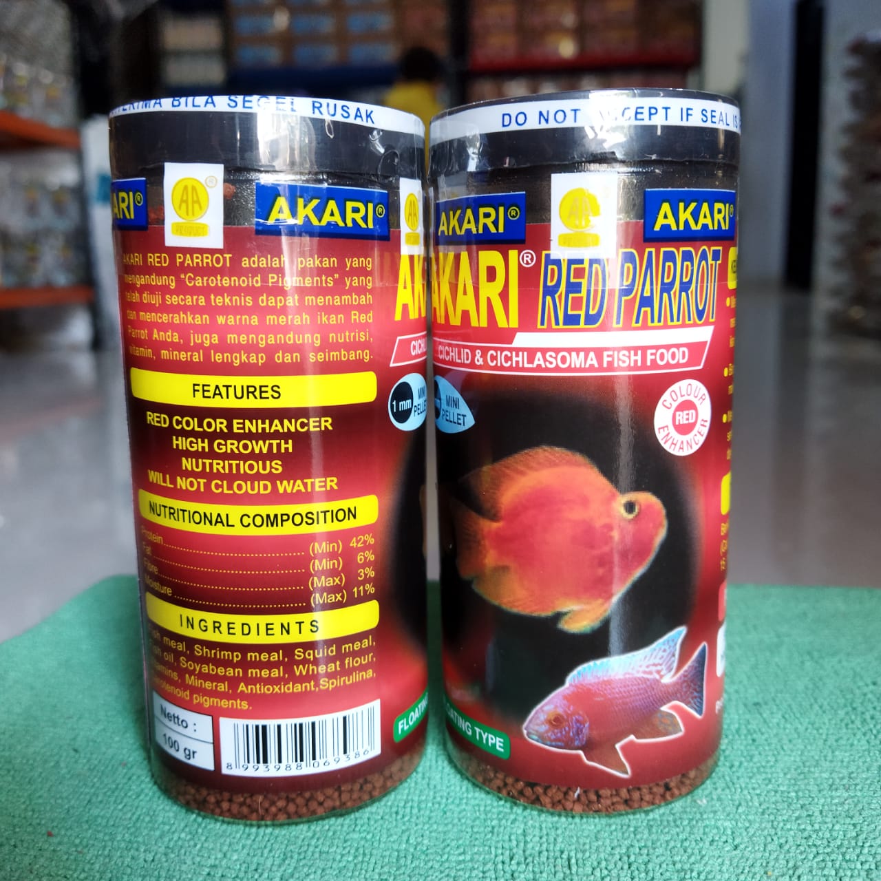 Akari super red PARROT fish food FLOATING kemasan botol 100 g size 1mm ...