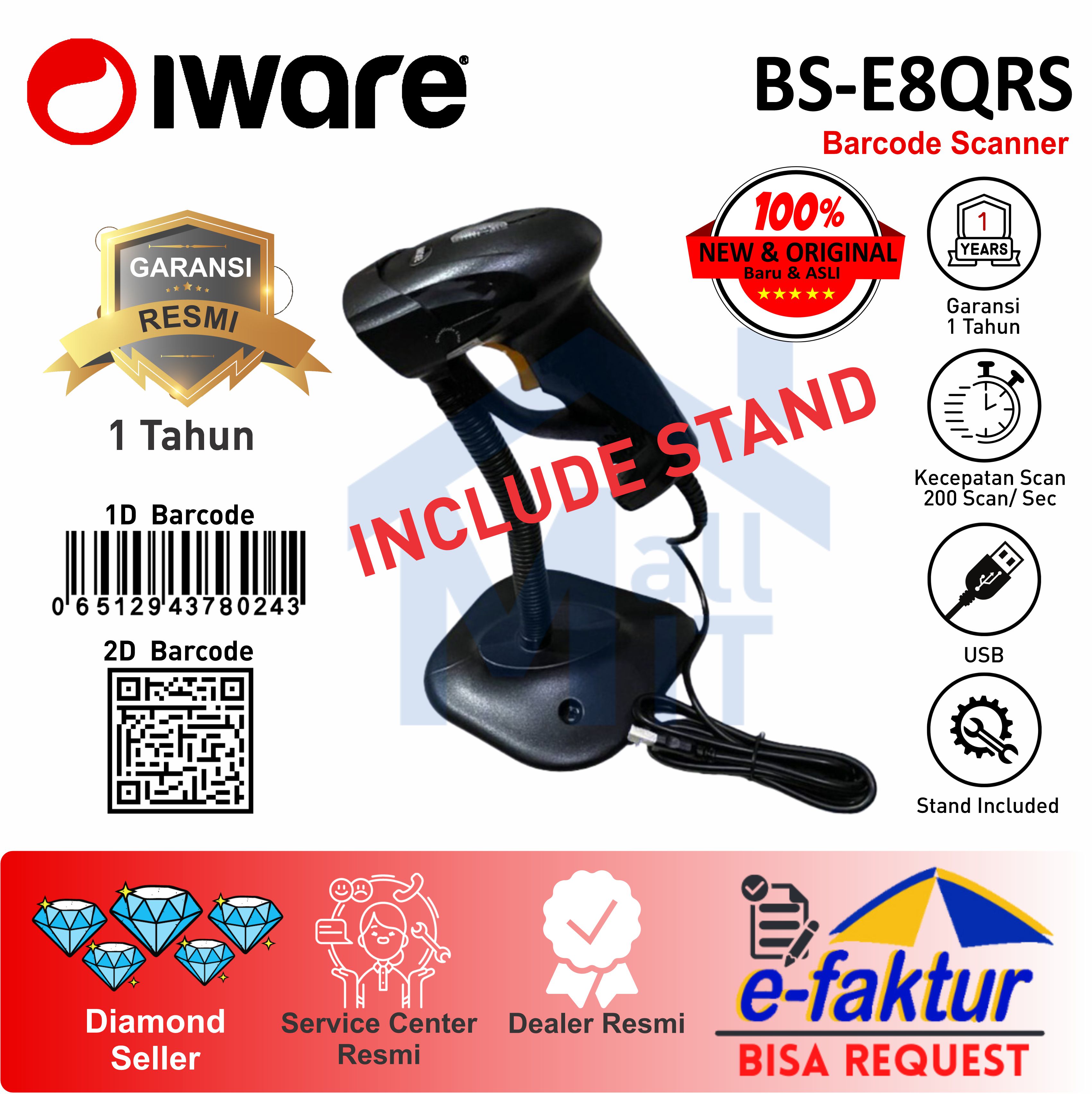 Barcode Scanner Iware Batang Kotak BS-E8QRS BS E8QRS 1D 2D Original ...