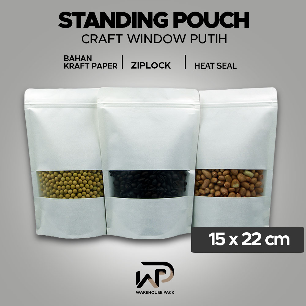 ( 50 pcs ) Standing Pouch Kraft Paper Window Putih 15 x 22 cm | Ziplock ...