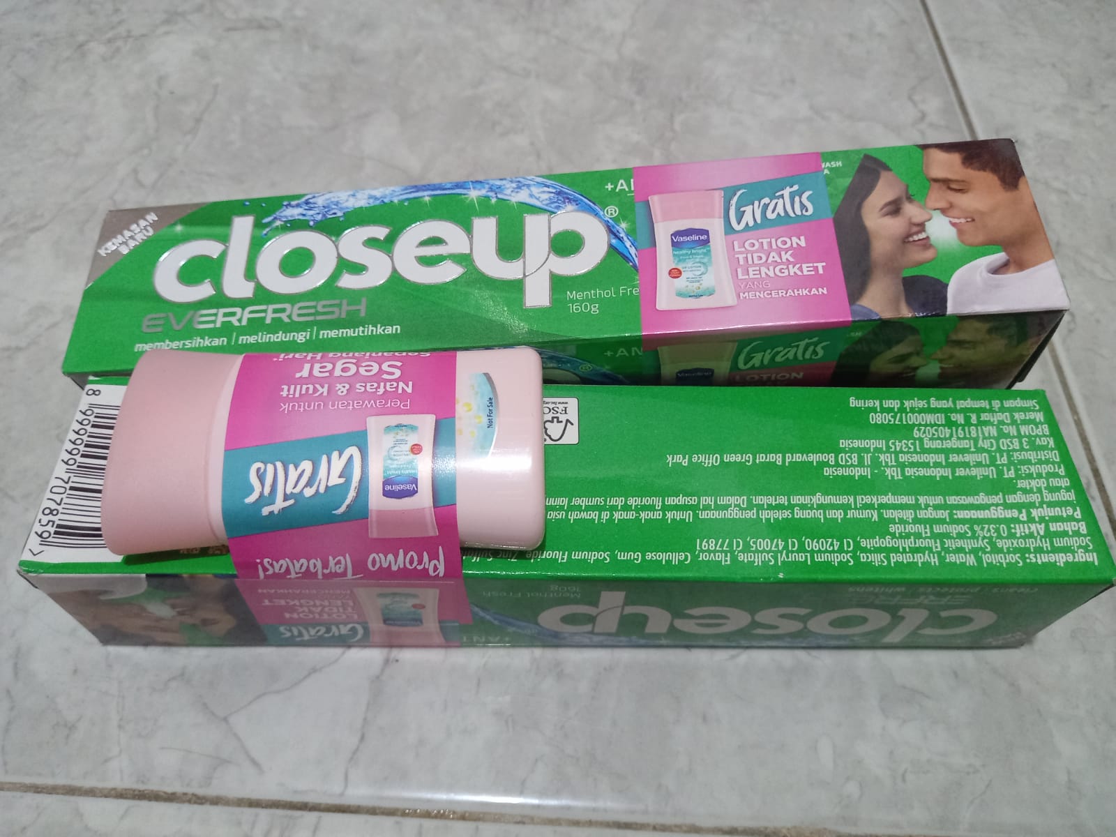 CLOSE UP EVER FRESH 160g Plus GRATIS Lotion VASELINE ,Pasta Gigi odol closeup original hijau 160 ...