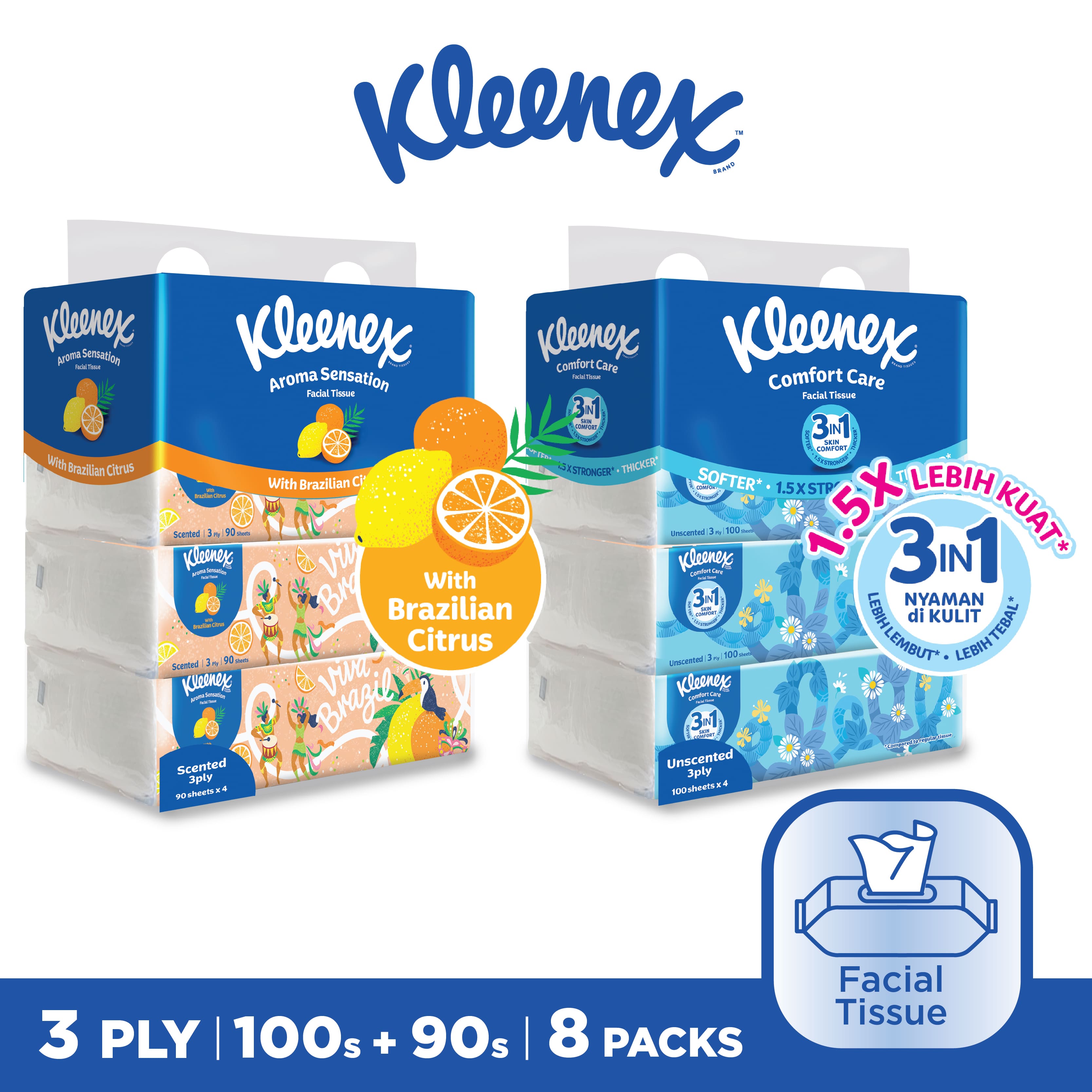 Kleenex Facial Tissue 3 Ply Citrus 90s & Comfort Care 100s [8 Packs ...