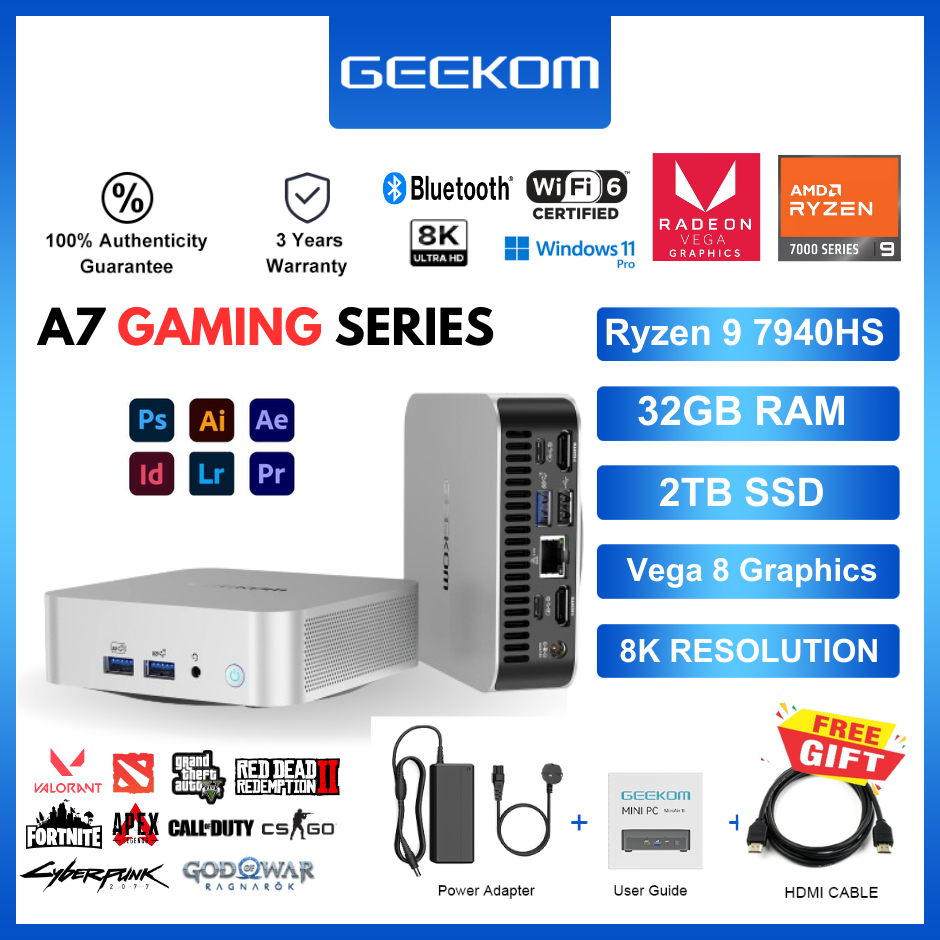 Mini PC Gamming Geekom A7 Amd Ryzen 9 7940HS 32GB/2TB SSD/ Include ...