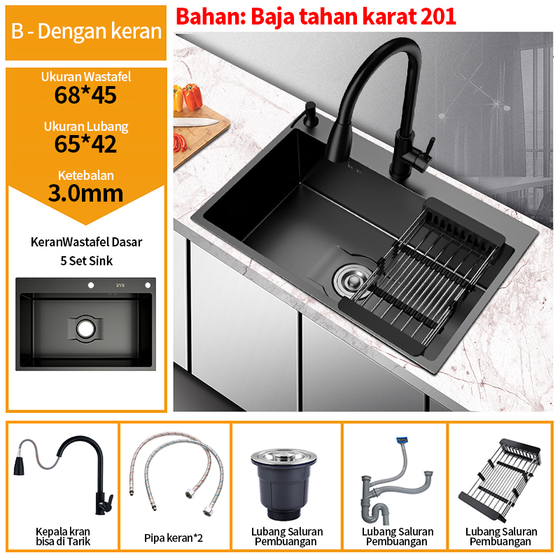 LENODI Kitchen Sink Hitam dengan Keran yang Bisa Disesuaikan/ Bak Cuci ...