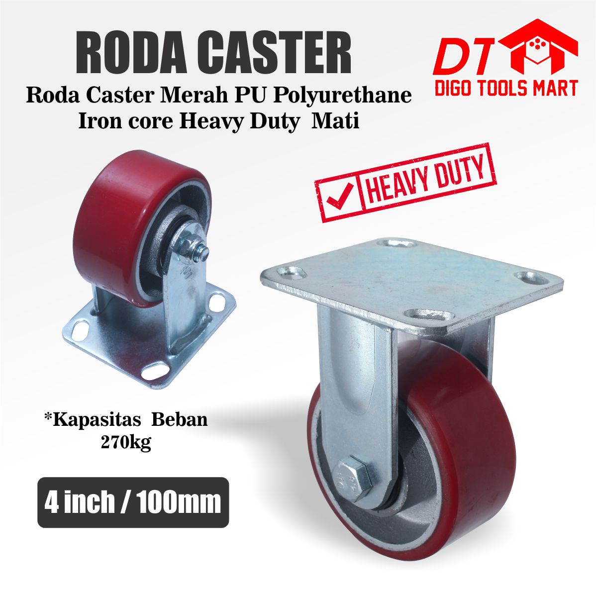 Roda Caster Merah 4inci PU Polyurethane Iron core Heavy Duty Mati 4inch ...