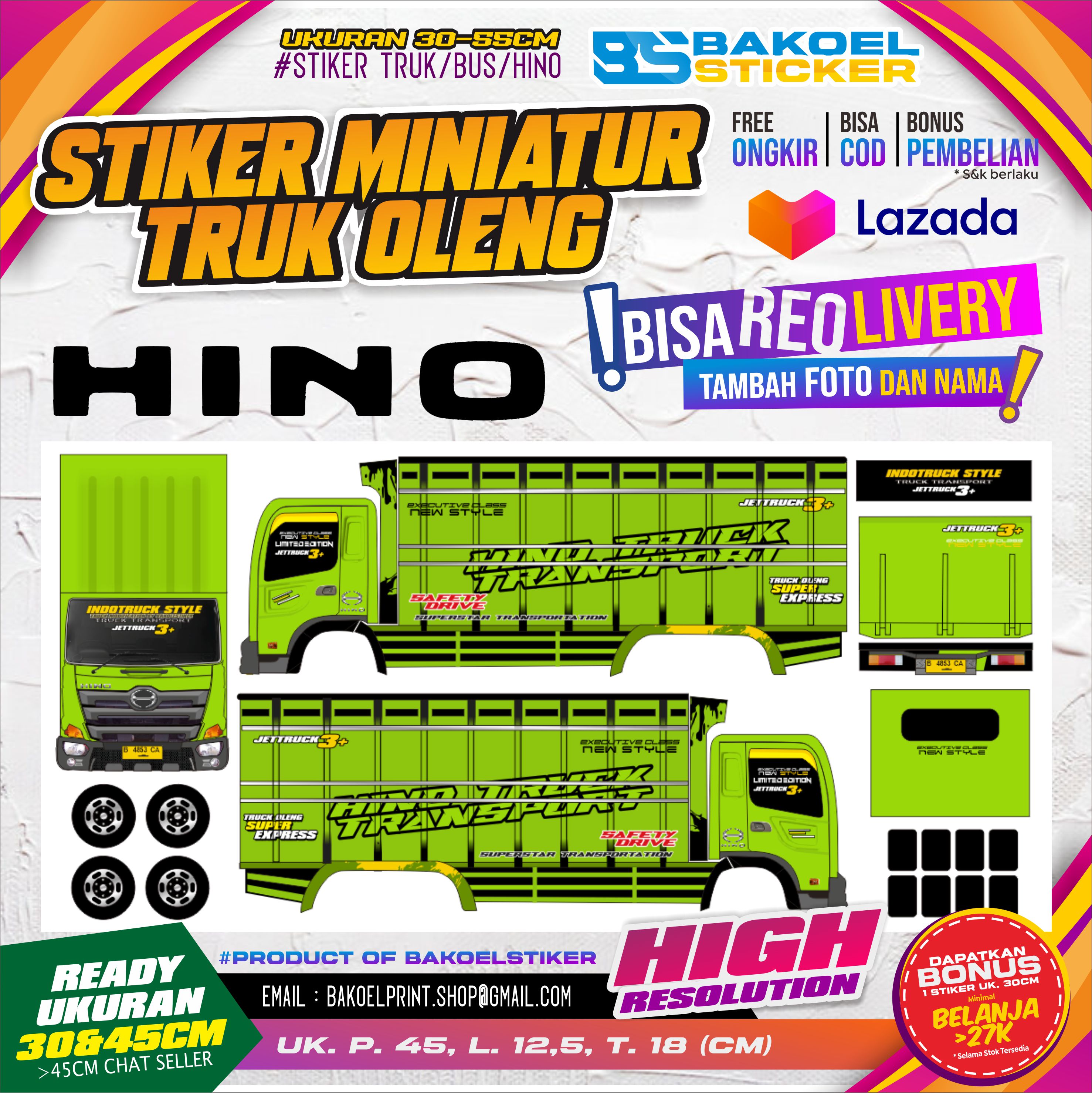 STIKER MAINAN MINIATUR TRUK HINO UK. 30-55CM | Lazada Indonesia