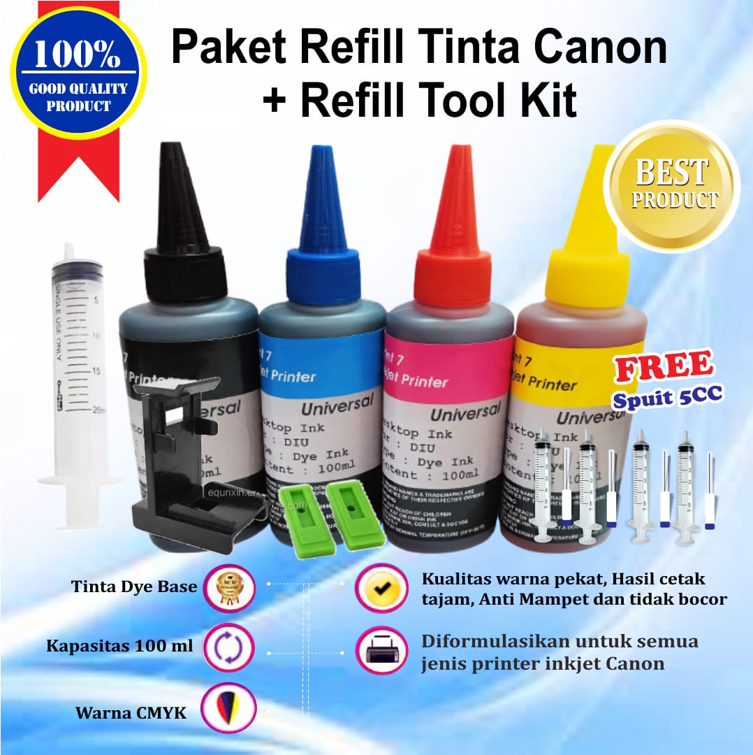 Paket Tinta 4 Warna 100ml Refill Canon IP2770 MG2570s TR4570s MP287 ...
