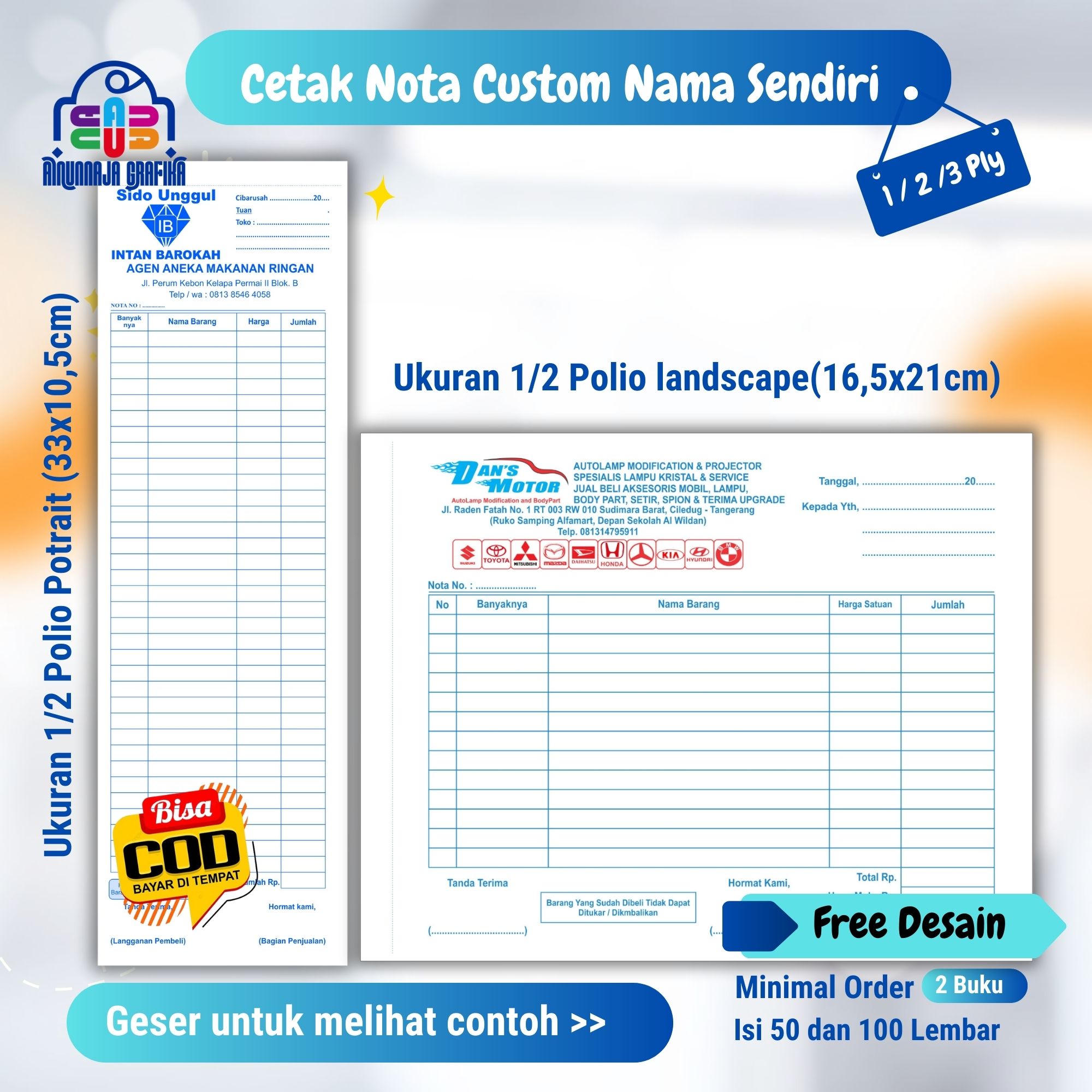 nota custom, nota custom 2 ply ukuran 1/2 folio, Nota custom pake nama ...