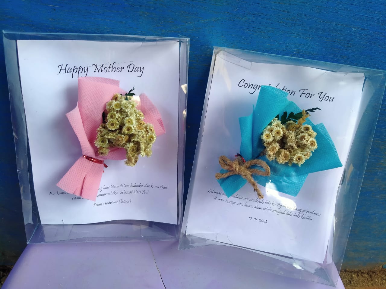 Kartu buket bunga kering mini dalam kotak mika / Dried flower card ...