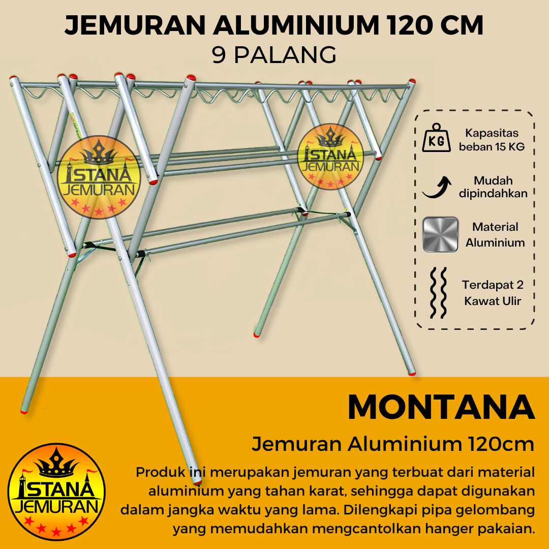 Jemuran Baju Aluminium Lipat 120 cm Anti Karat / Rak Jemuran Pakaian 9 ...