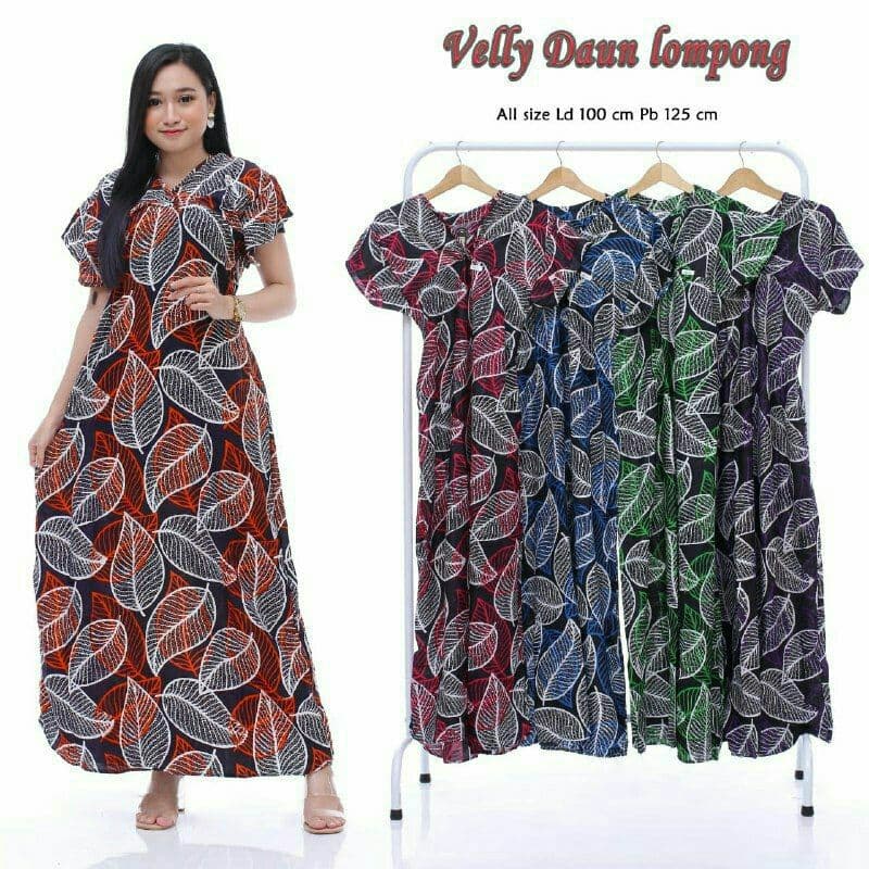 Pakaian wanita kain rayon motif daun model daster panjang gaun veli ...