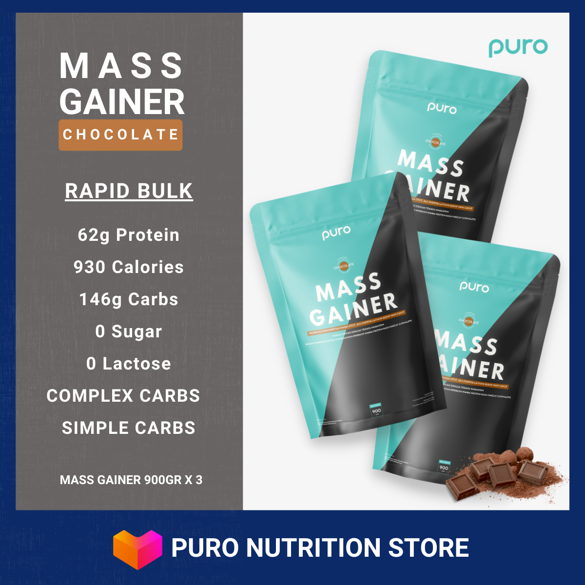 PURO Mass Gainer Weight Gain Susu Protein Penambah Berat Badan Bulking ...