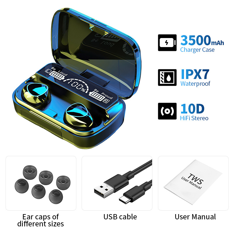 M10 Headset Bluetooth Full Bass Stereo 3500mAh Power Bank Wireless Earphone Tahan Air TWS With ...
