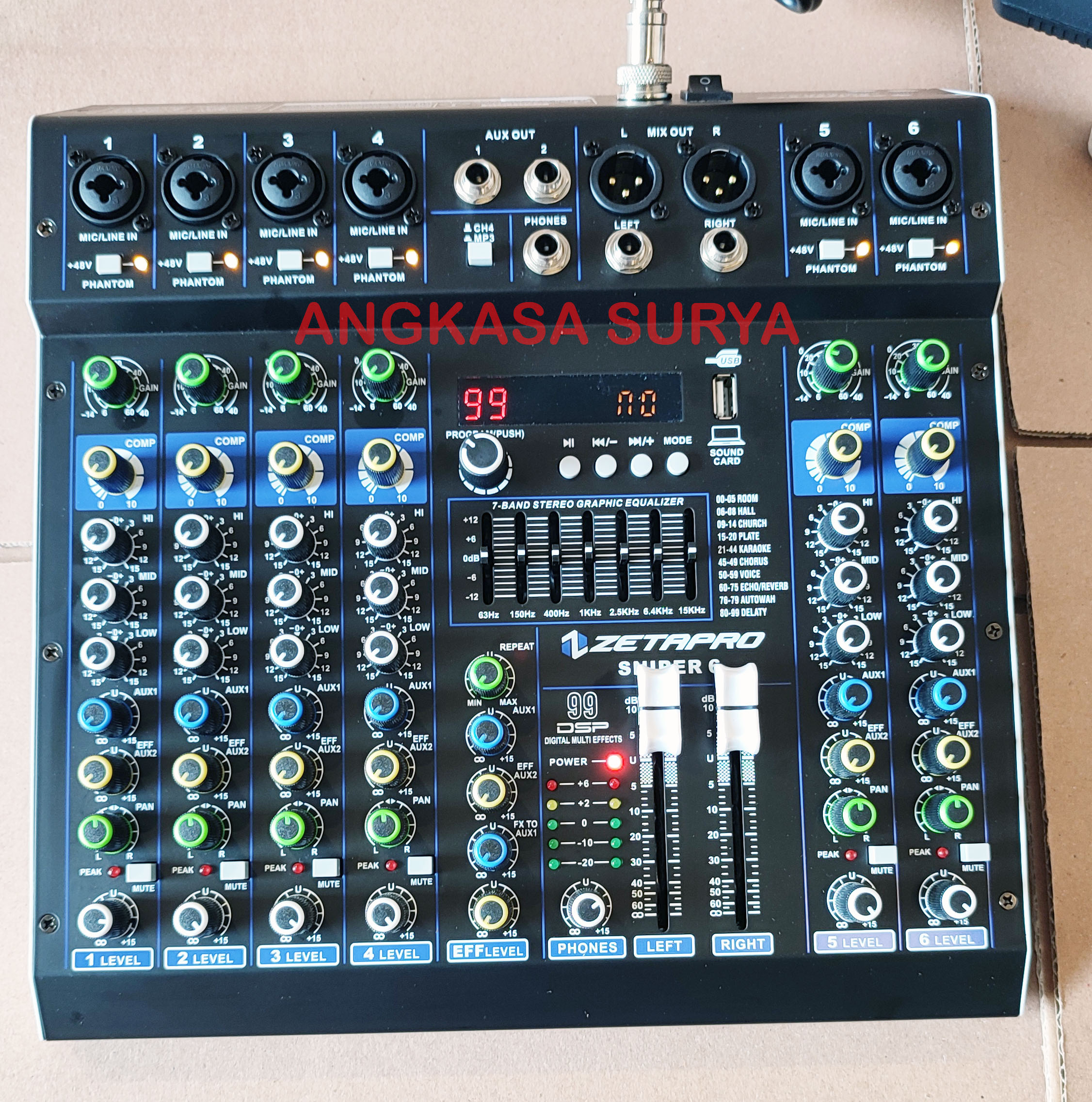 Mixer Zetapro Sniper6 / Sniper 6 Original / Mixer 6 Channel Ada Compressor , Effect Reverb 99 ...