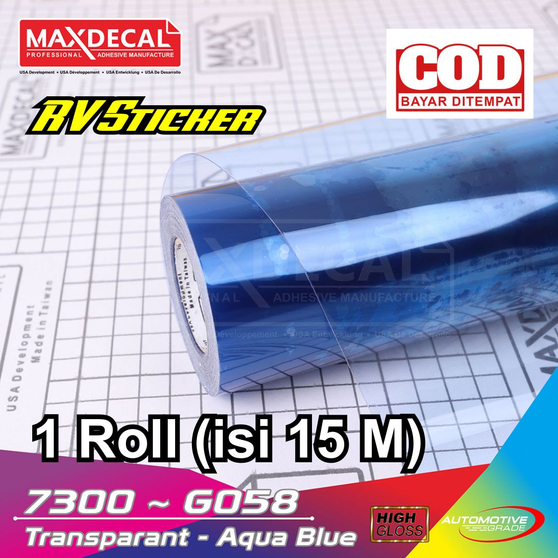 ROLL, Sticker Biru Muda Transparan/ HYbrid Maxdecal 1 roll isi 15 meter, Skotlet lampu motor ...
