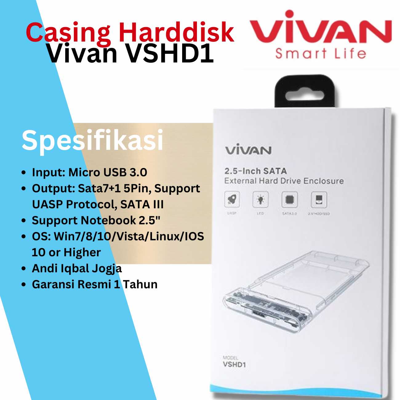 Casing Harddisk Vivan VSHD1 - Transparent 2.5" SATA USB 3.0 External ...